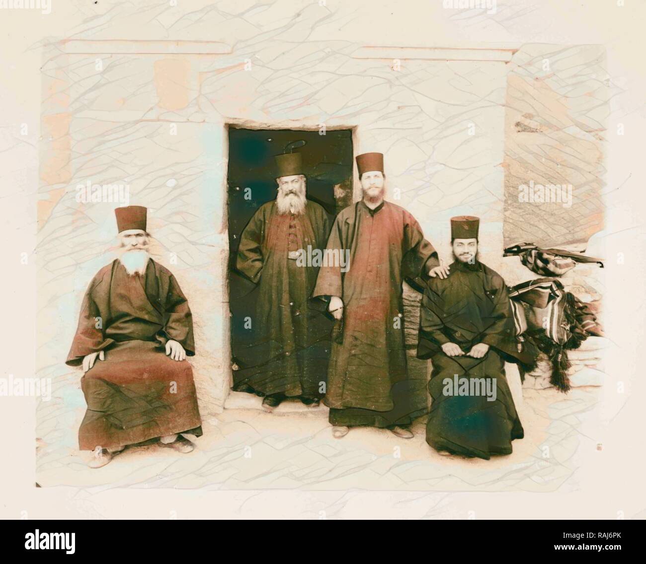 Sinai. Monastery of St. Catherine, Greek monks at the modern entrance ...