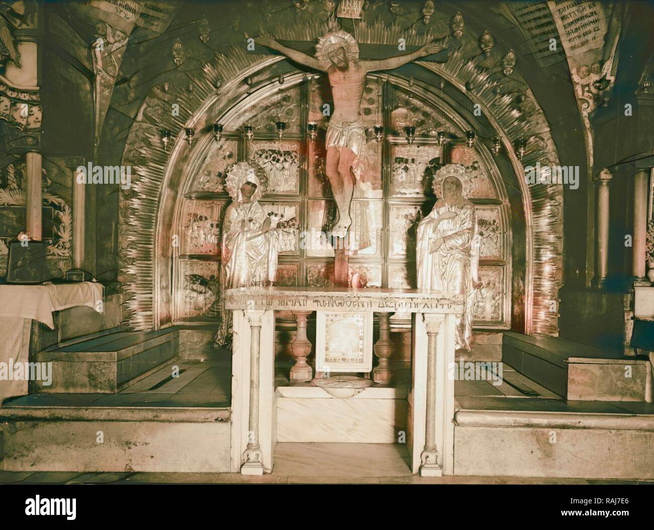 Church of the Holy Sepulchre. Calvary altar. With all candles and ...