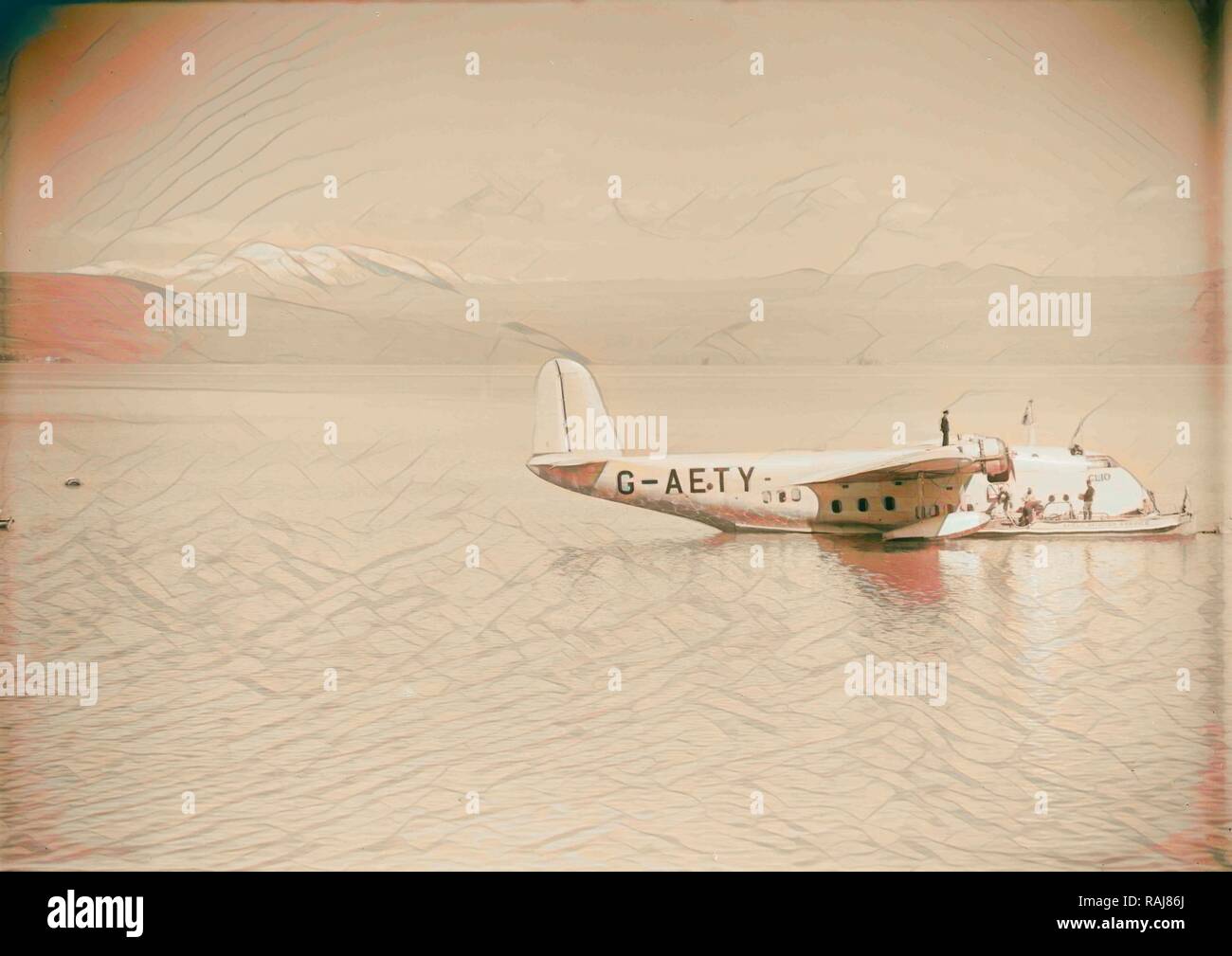 Lido, Flying boat 'Clio' on the lake with snow-capped Hermon 1934 ...