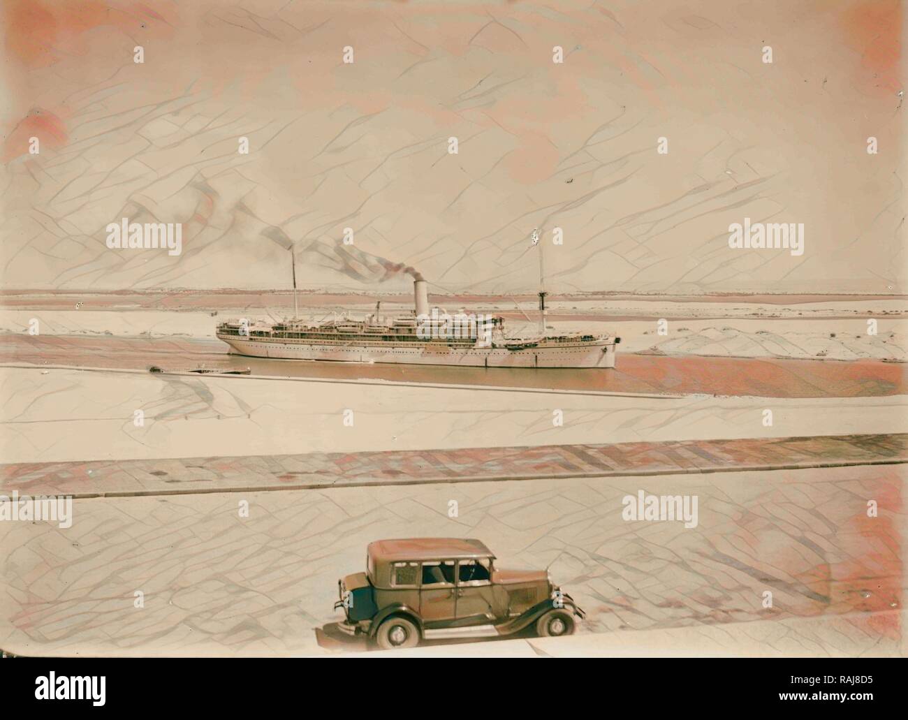 Ismailia. Ship passing through the canal. Taken from monument terrace ...