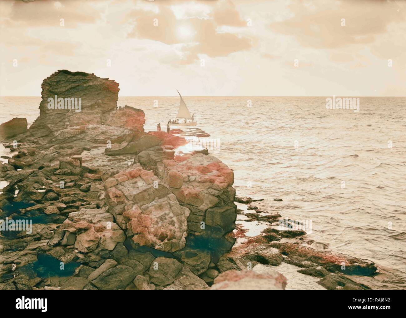 Caesarea. (Kaisarieh). The castle at sunset, north side. 1938, Israel ...
