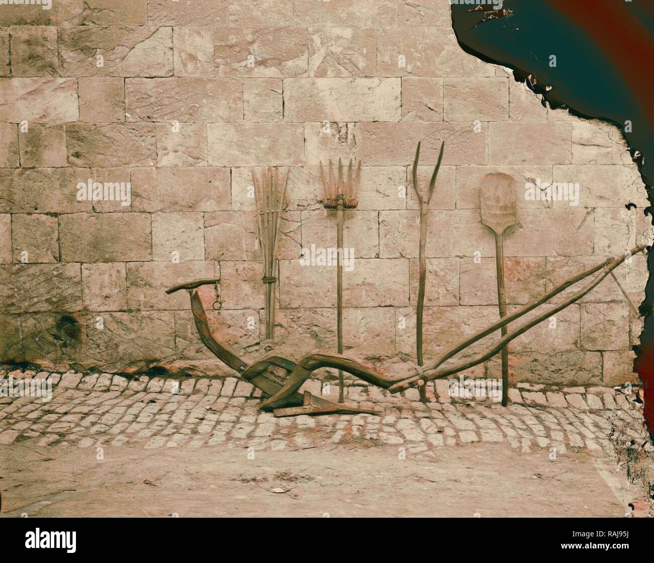 Primitive Arab farm implements, plow, forks, 1898, Middle East ...