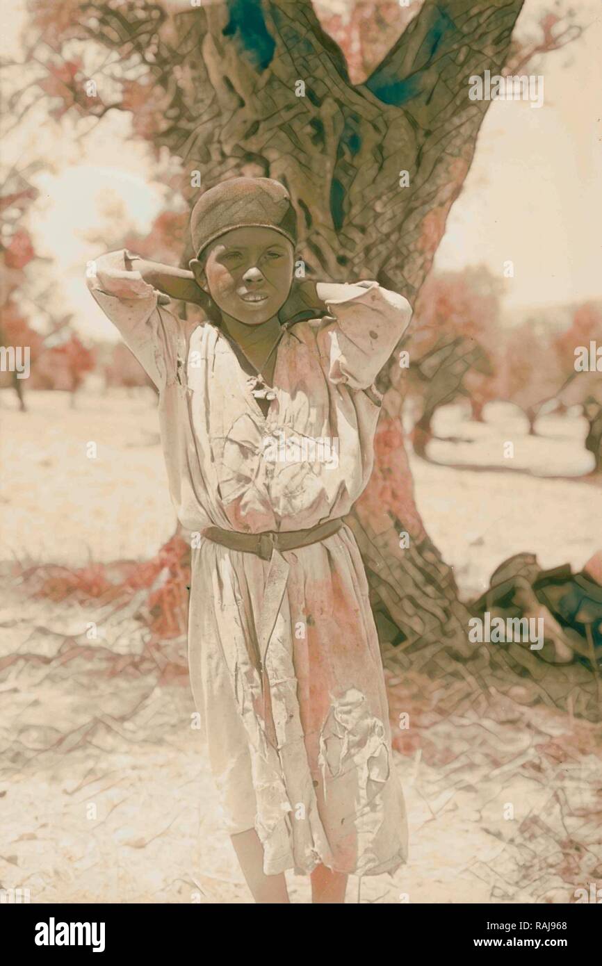 Young girl standing in front of a tree. 1898, Middle East. Reimagined ...