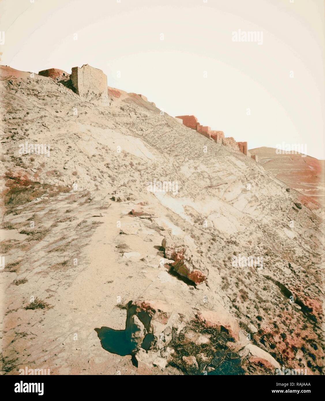 East of Jordan and the Dead Sea. City wall of Kerak American Colony ...