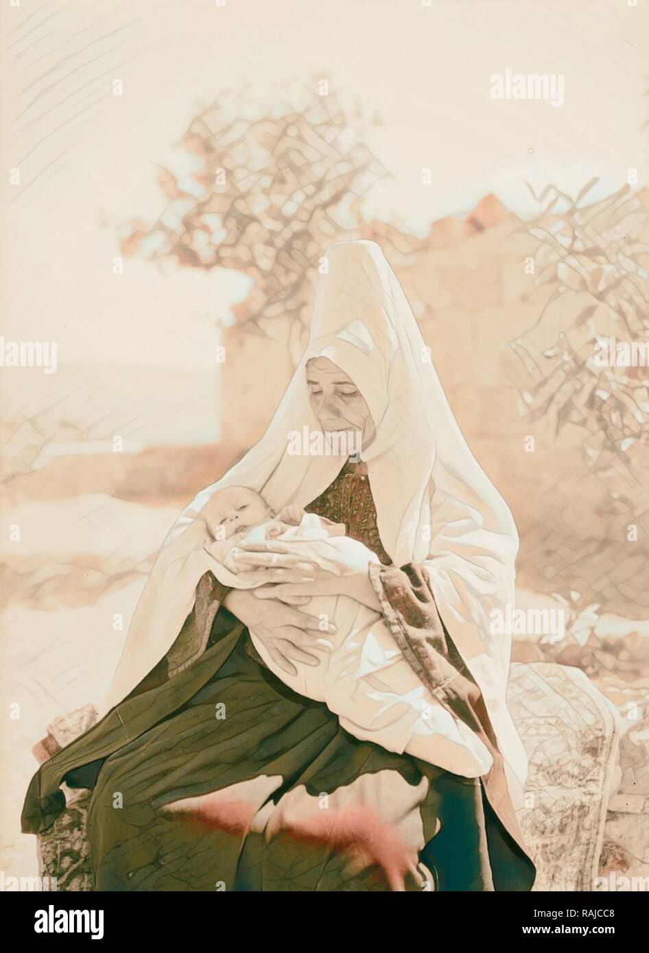 Ruth story. Bethlehem woman 'Naomi' with baby 'Obed'. 1940, West Bank ...