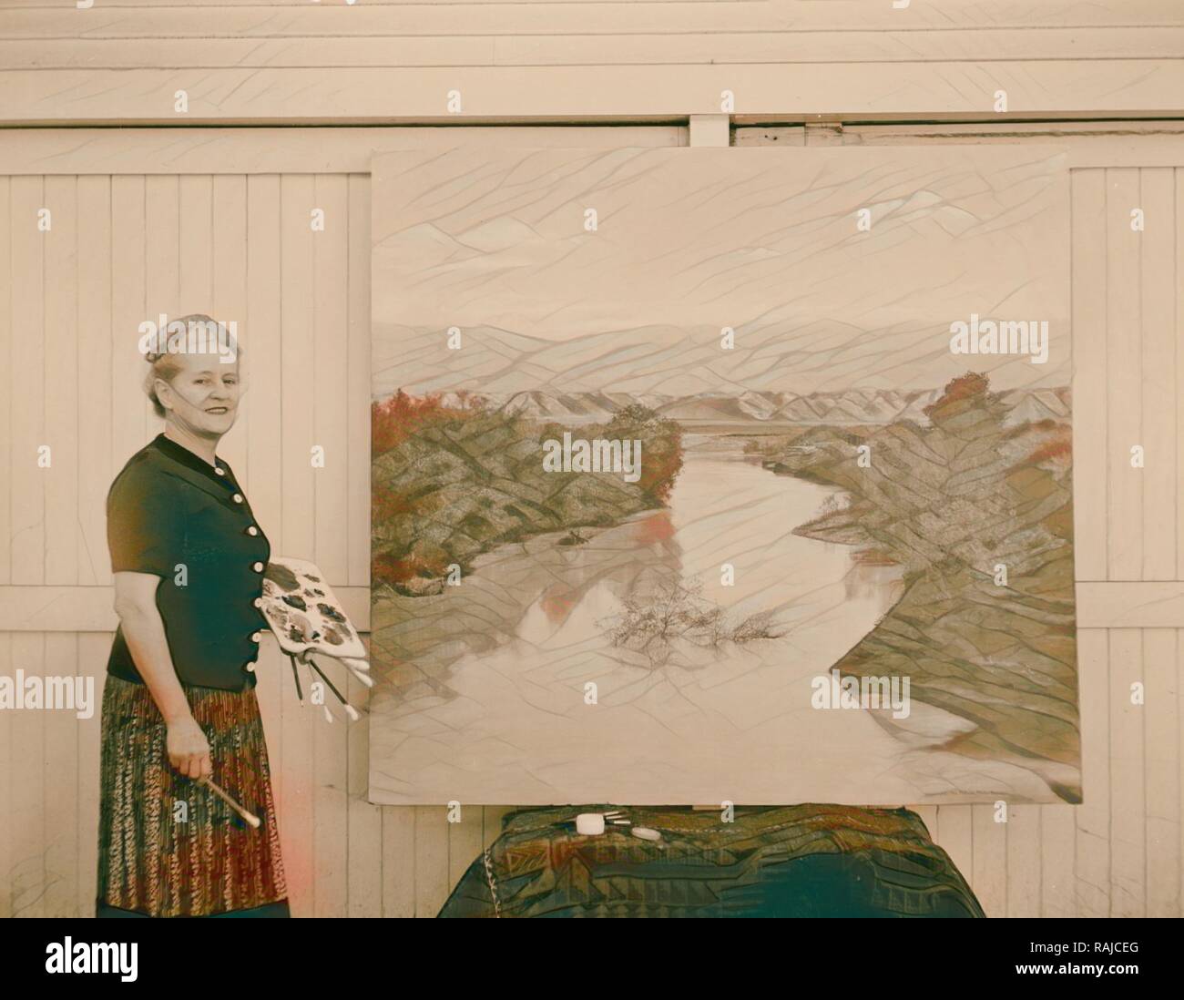 Edith at work painting the Jordan mural [California]. 1946, California ...