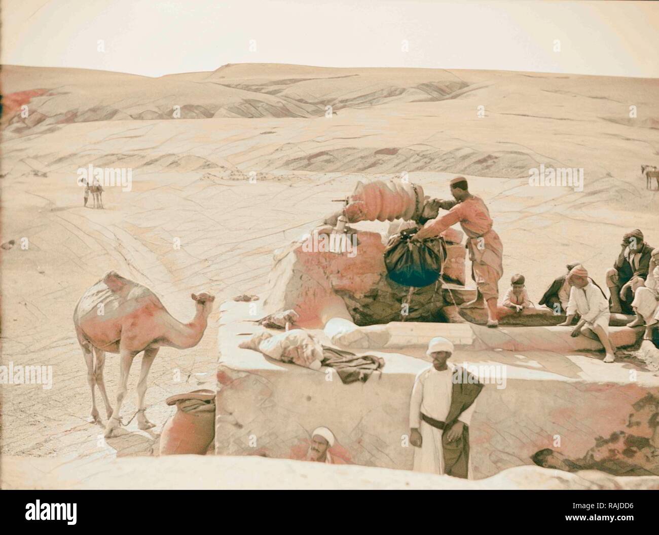 Drawing water by camel and cow power. Large goatskin bucket drawn up ...