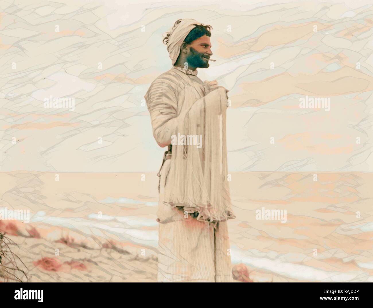 Arab fisherman on the Askalon coast. Holding his throw-net. 1920 ...
