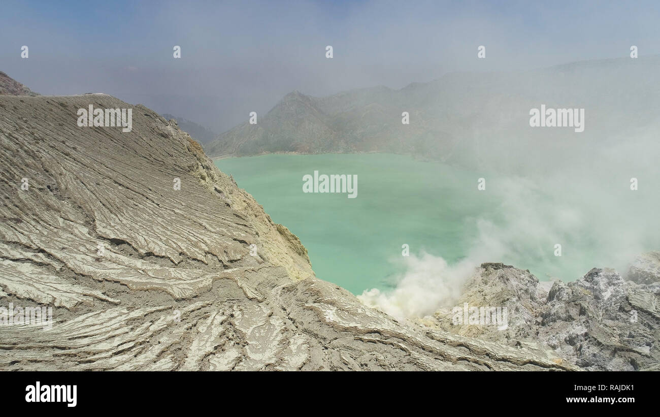 Aerial view mountain landscape with crater acid lake Kawah Ijen where ...