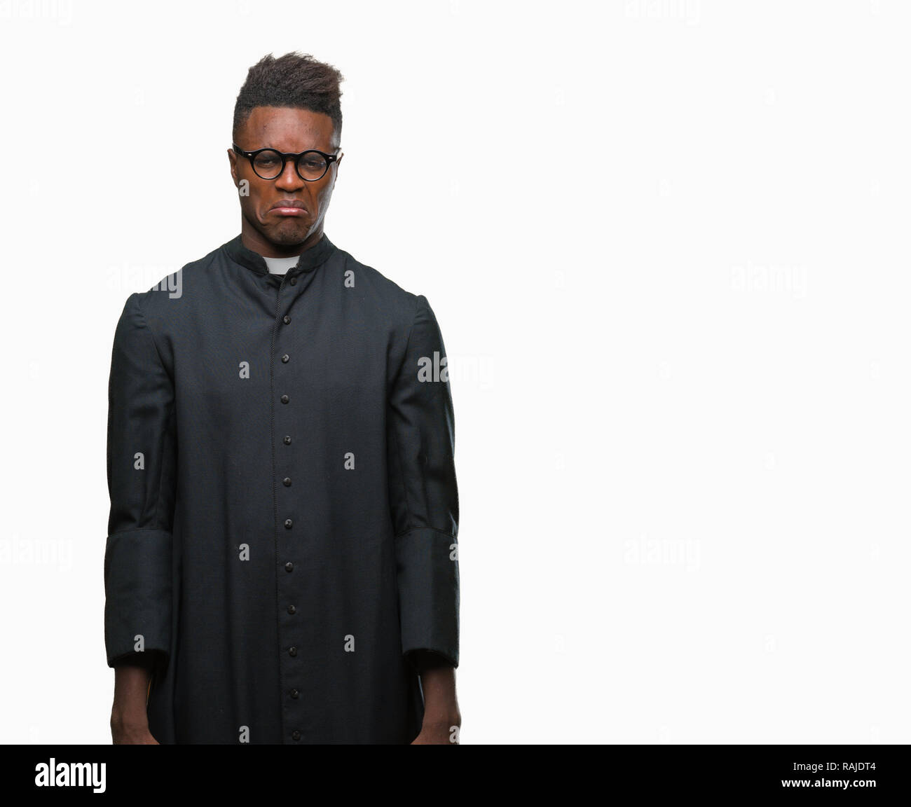 Young african american priest man over isolated background depressed ...