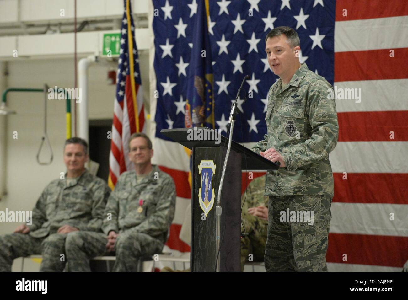 Col. Thomas “Britt” Hatley addresses the 119th Wing unit members ...
