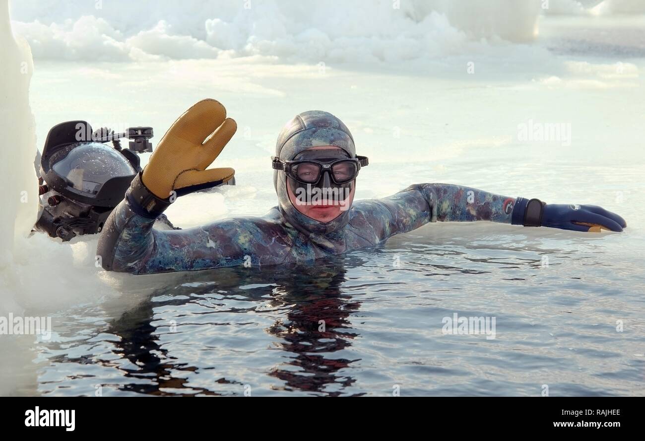 Diver, ice-diving, White Sea, Karelia, north Russia, Arctic Stock Photo ...