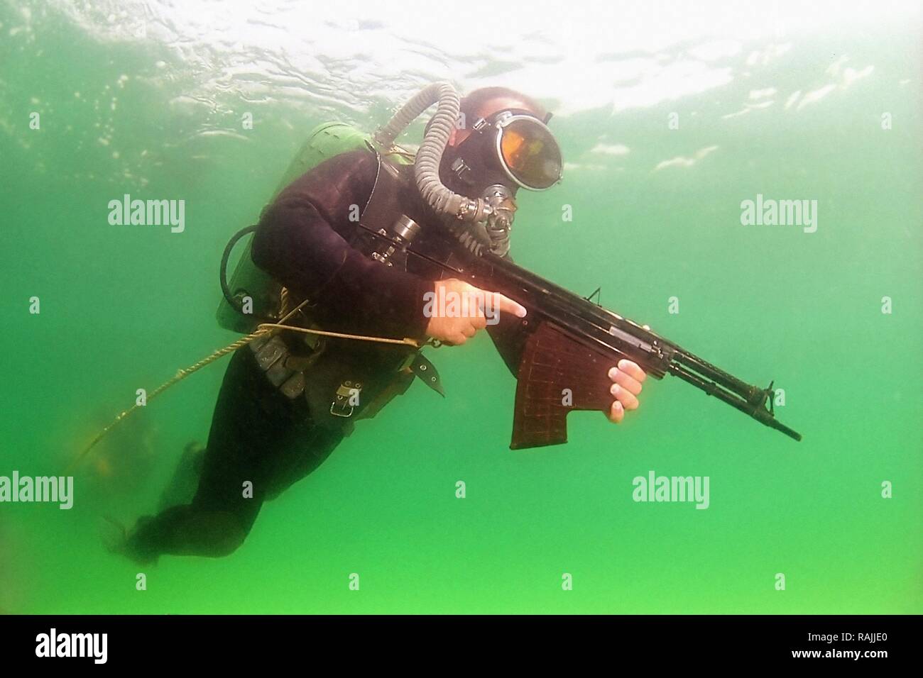 Military diver, gun, Black Sea, USSR, historical photo, 1989 Stock ...