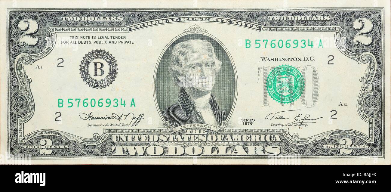 Historic banknote, two US dollars, issued for the 200th anniversary of ...