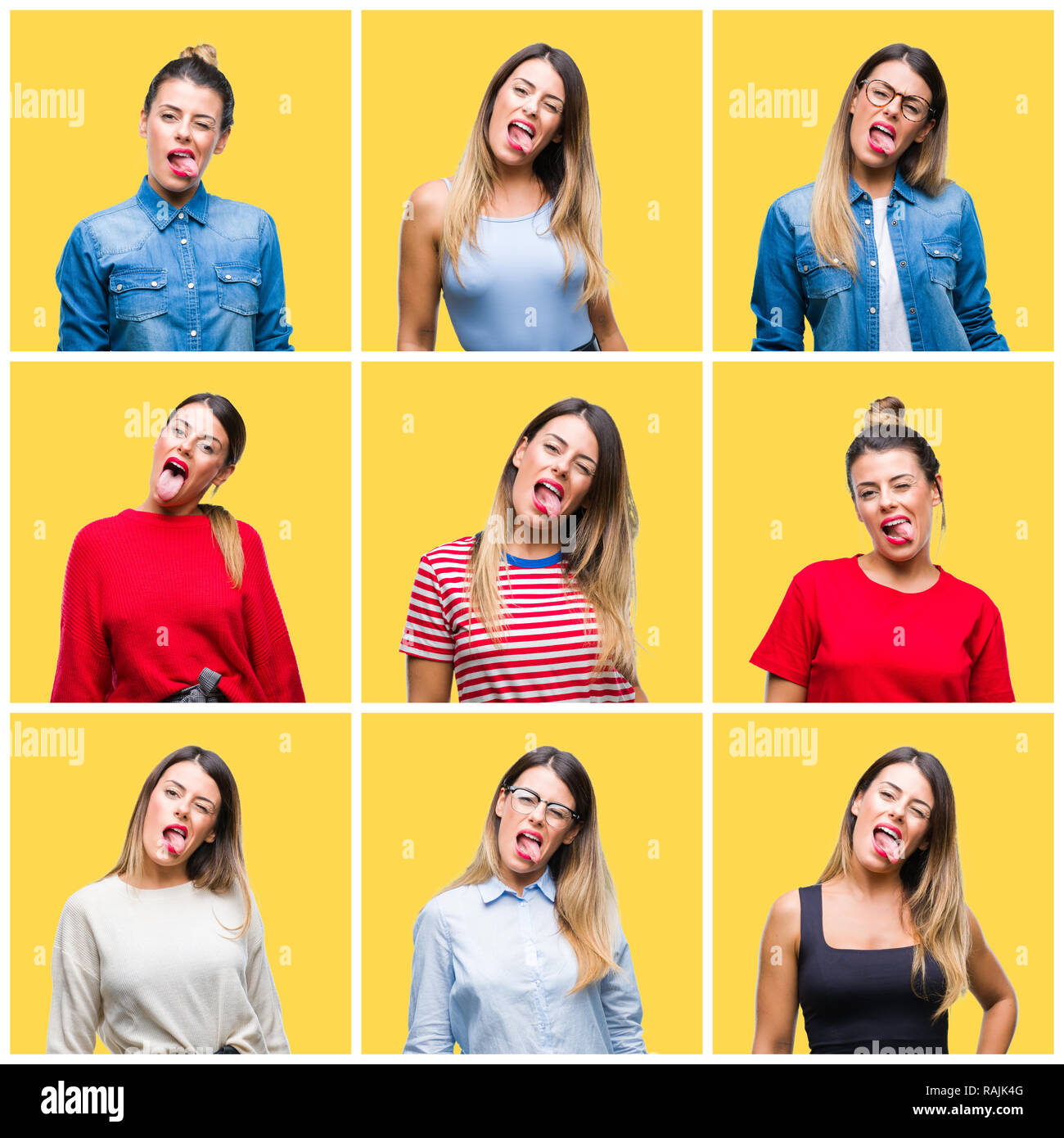 Collage of young beautiful woman over yellow isolated background ...