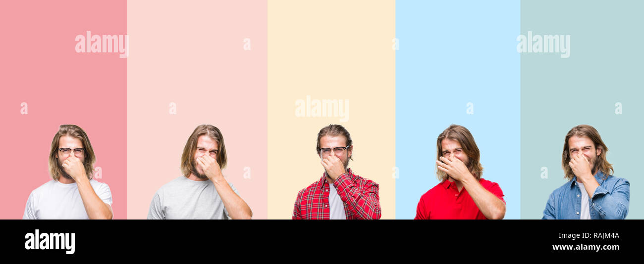 Collage of young handsome man over colorful stripes isolated background ...