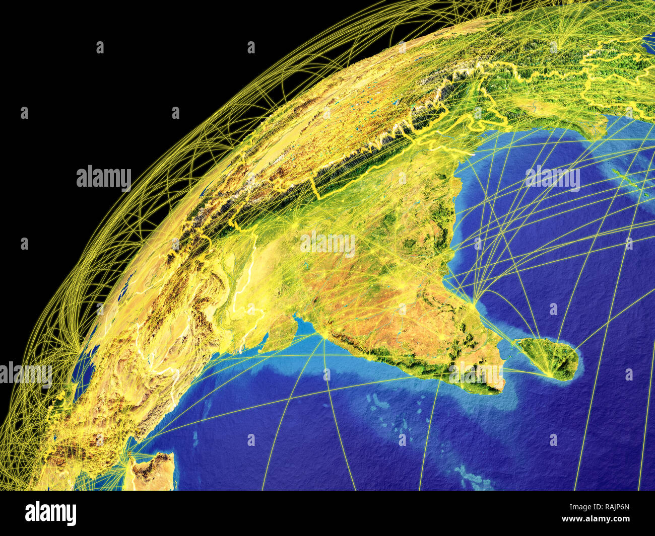 South Asia from space on Earth with lines representing international ...