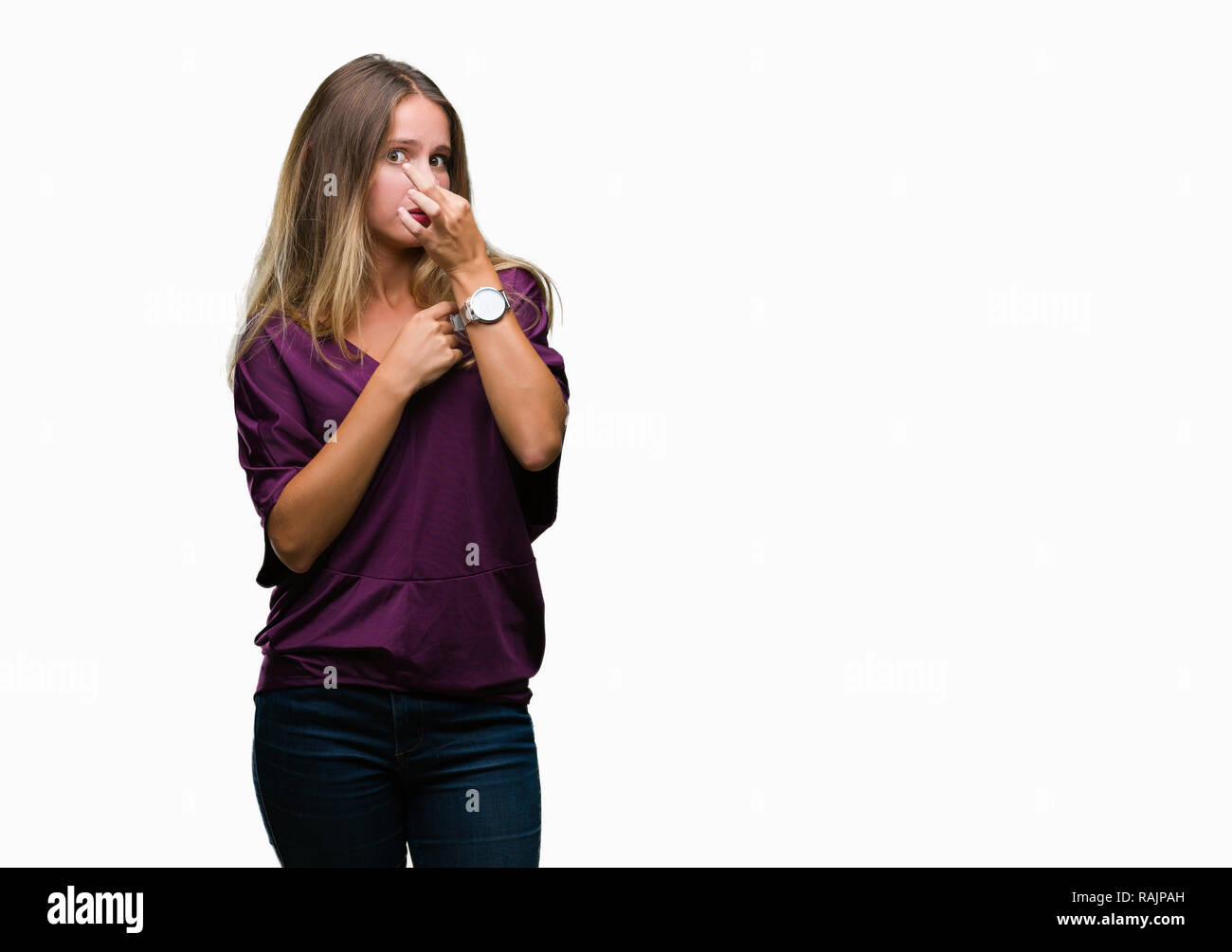 Young Beautiful Blonde Elegant Woman Over Isolated Background Smelling