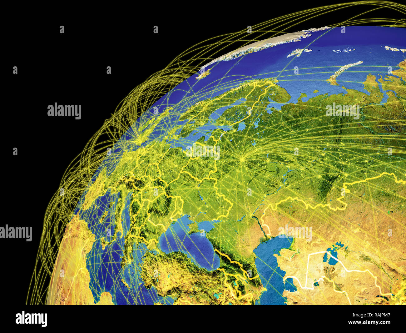 Eastern Europe from space on Earth with lines representing ...