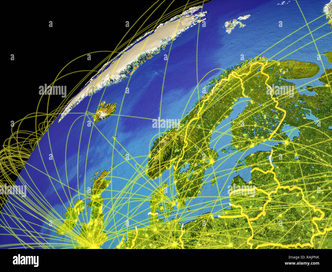 Northern Europe from space on Earth with lines representing ...