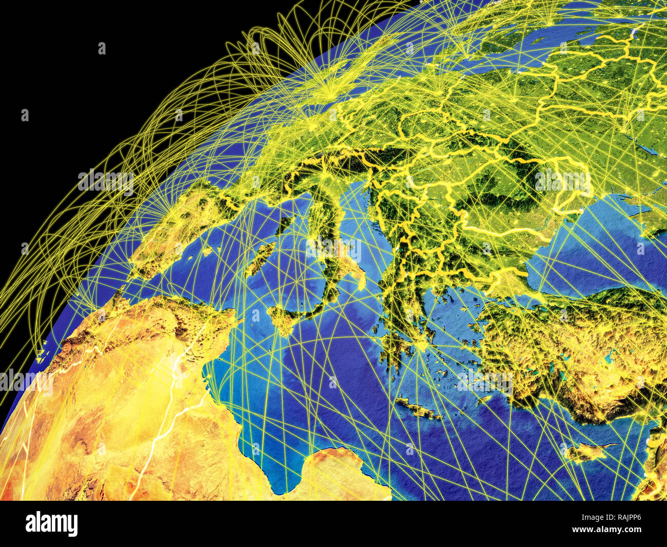 Southern Europe from space on Earth with lines representing ...