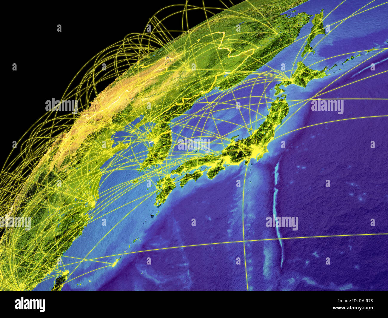 Japan and Korea from space on Earth with lines representing ...