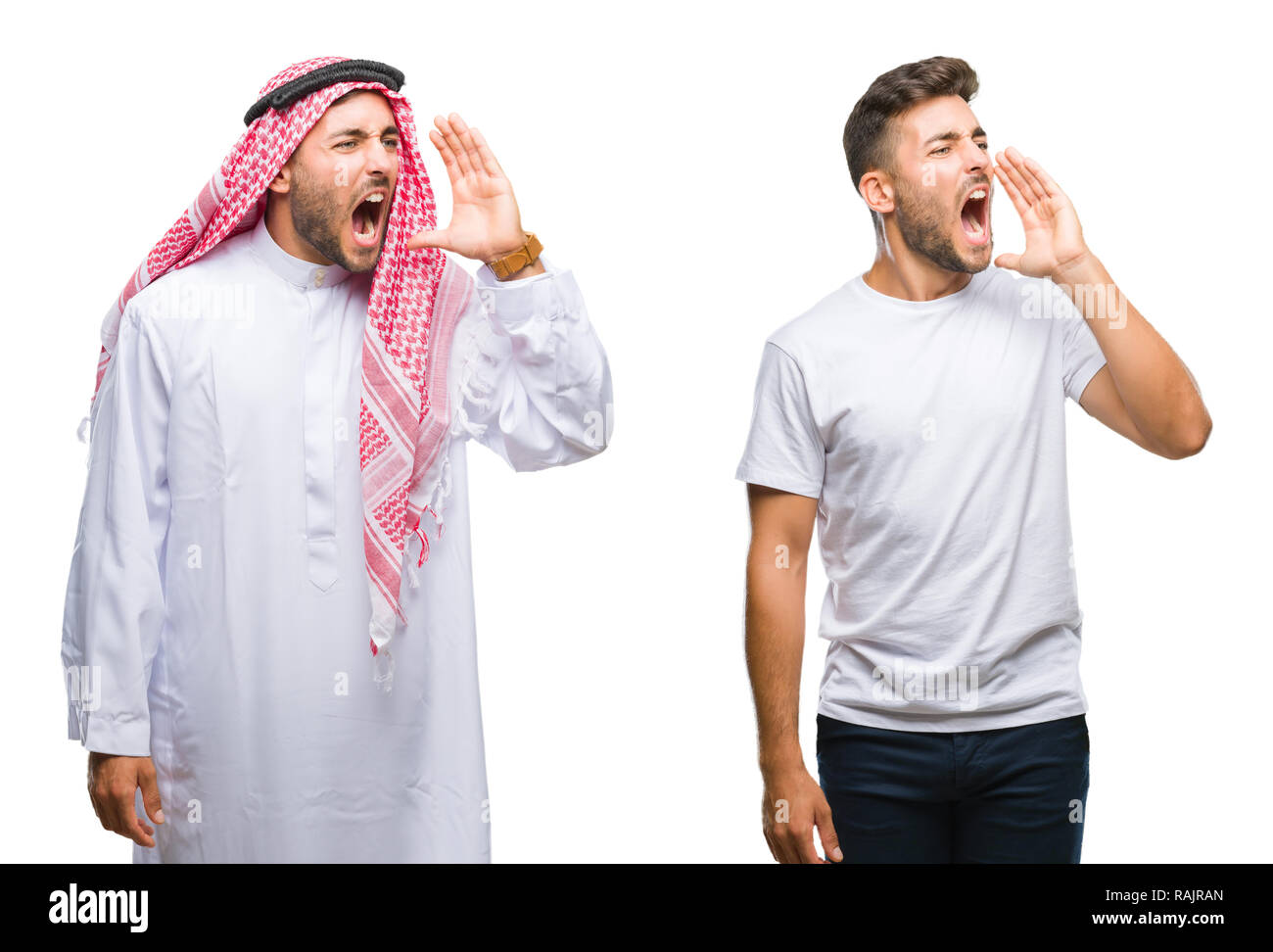 Collage of handsome young man and arab man over isolated background ...