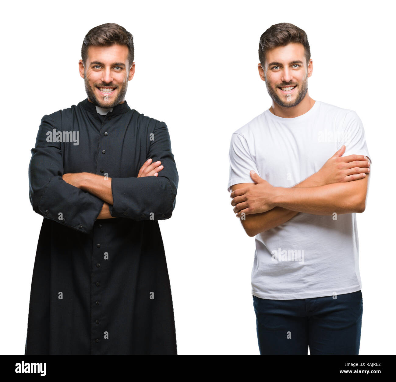 Collage of handsome young man and catholic priest over isolated ...