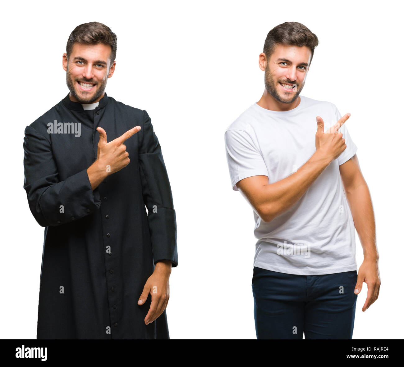 Collage of handsome young man and catholic priest over isolated ...
