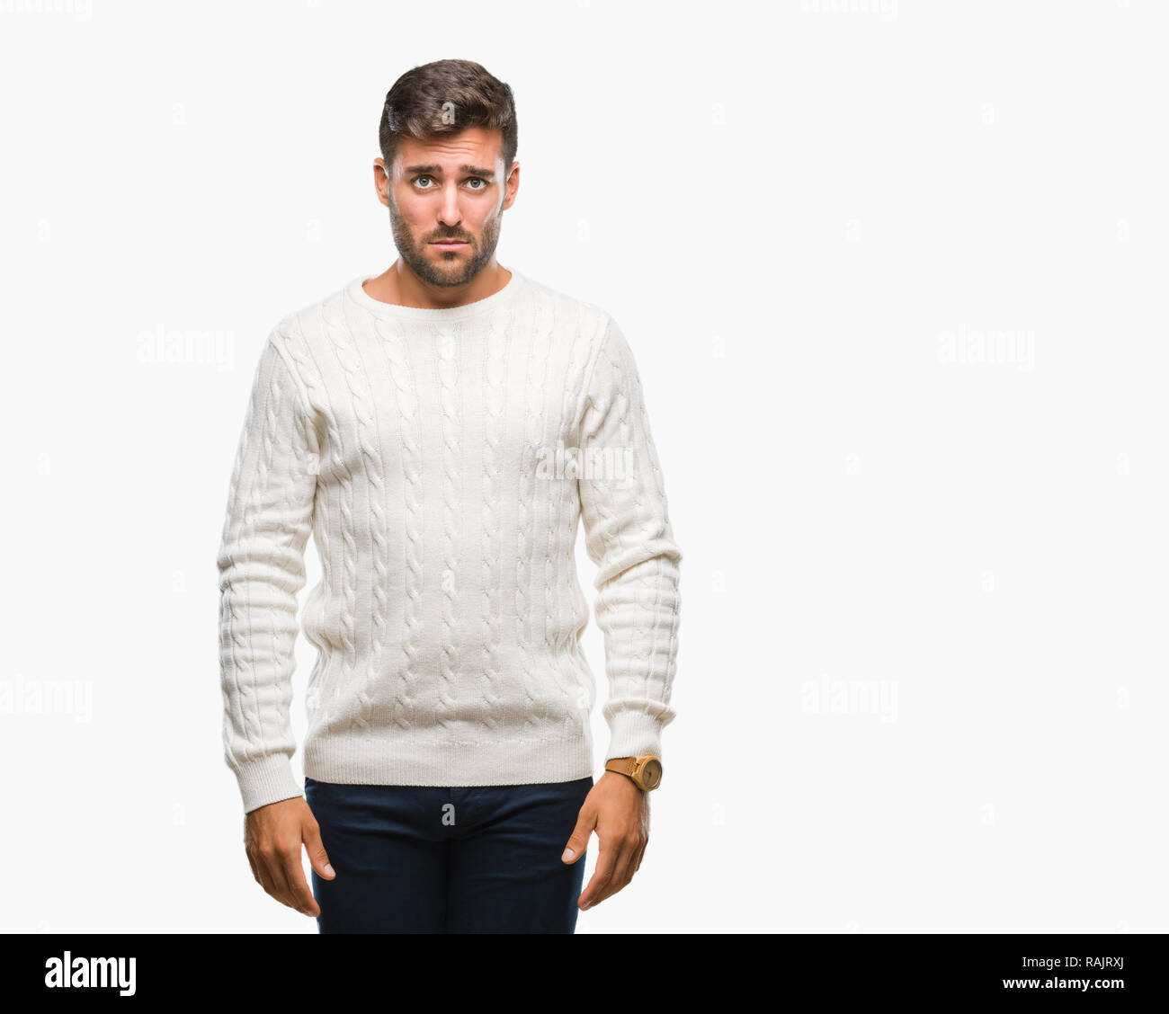 Young handsome man wearing winter sweater over isolated background ...