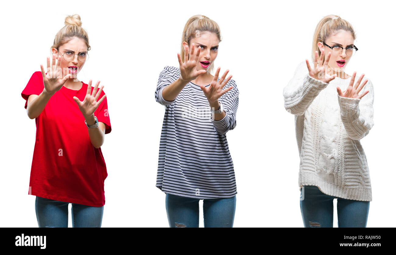 Collage of young beautiful blonde woman over isolated background afraid ...