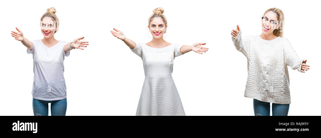 Collage of young beautiful blonde woman over white isolated background ...