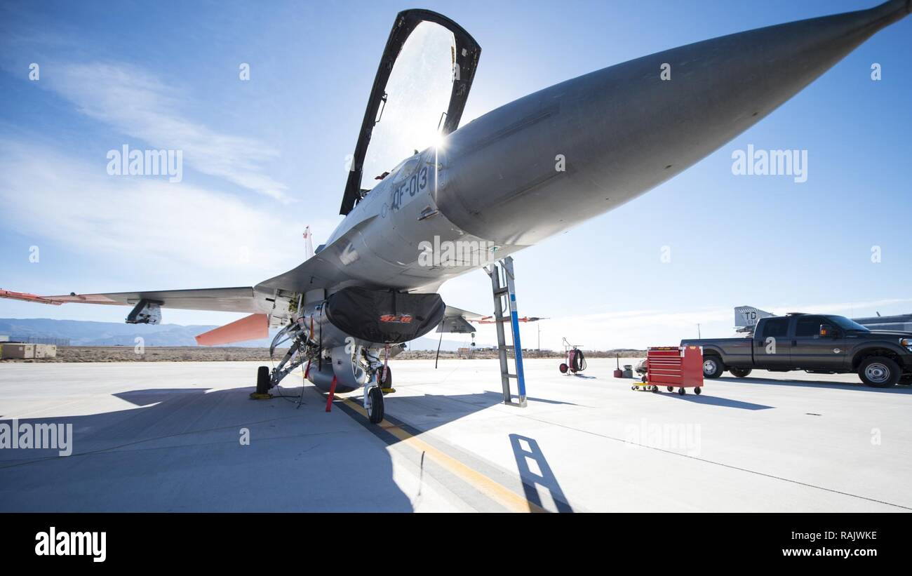 A QF-16 drone sits on the flightline before its first flight at ...