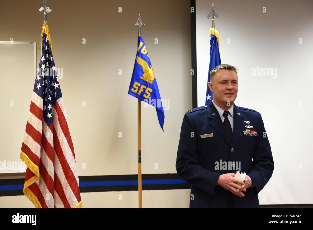 Capt. Andrew R. Riffe, 168th Security Forces Squadron commander, thanks ...
