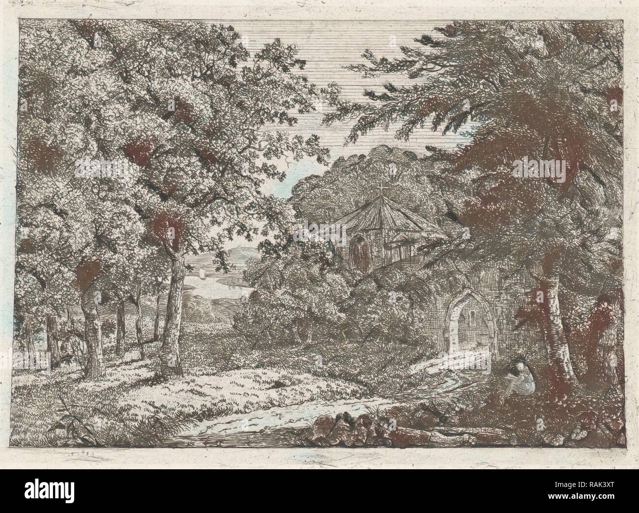 Landscape with chapel between trees and reading monk, Adriaan Jacob ...