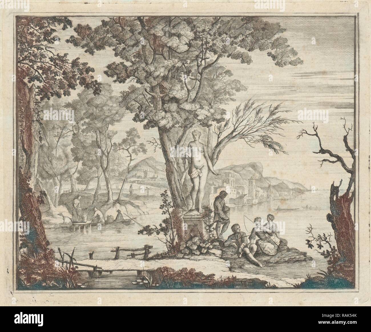 River landscape with anglers at a statue of Venus, Gerard Melder, 1703 ...