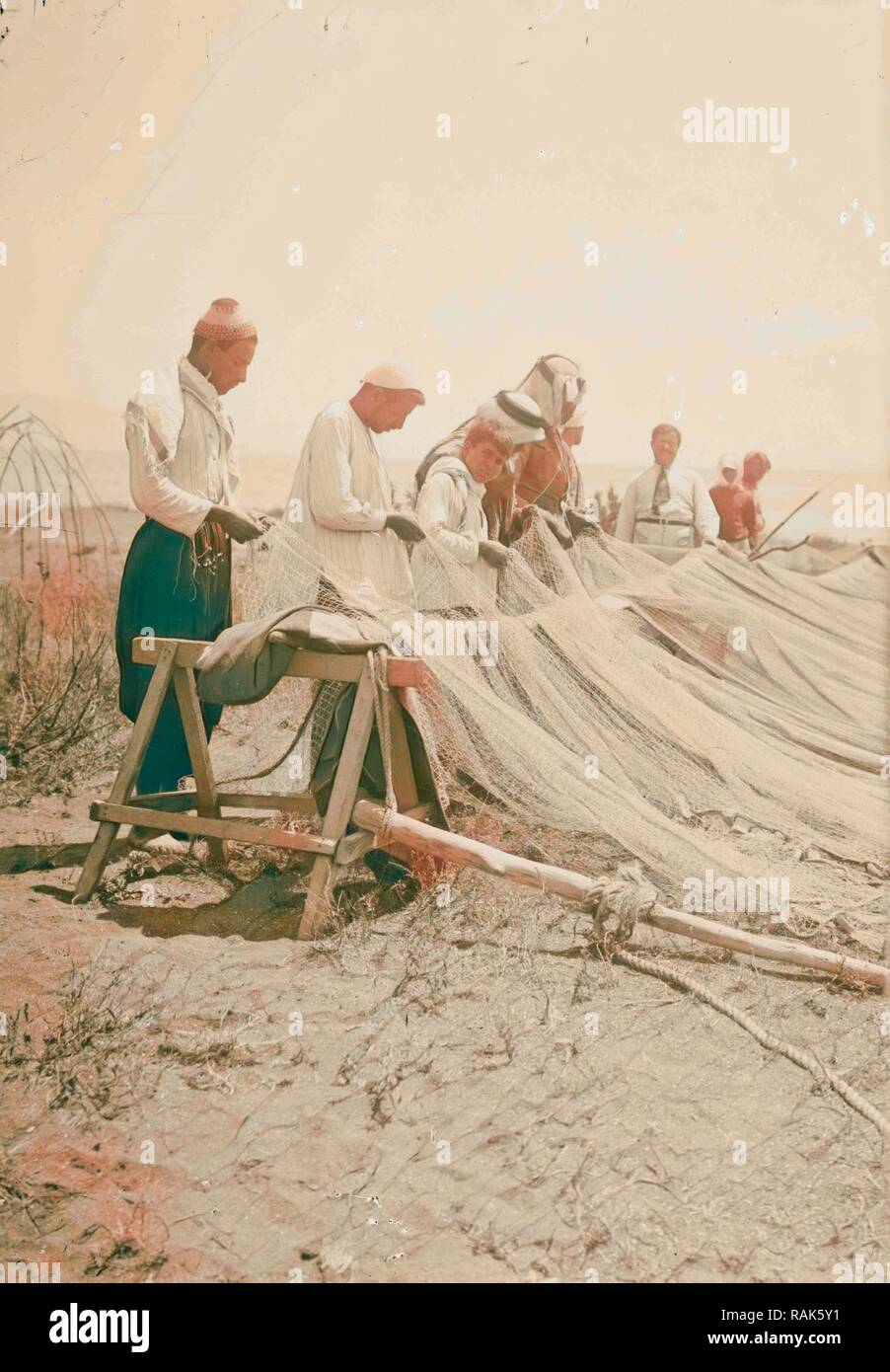 Fisherman mending their nets 1900 Israel. Reimagined by Gibon. Classic ...