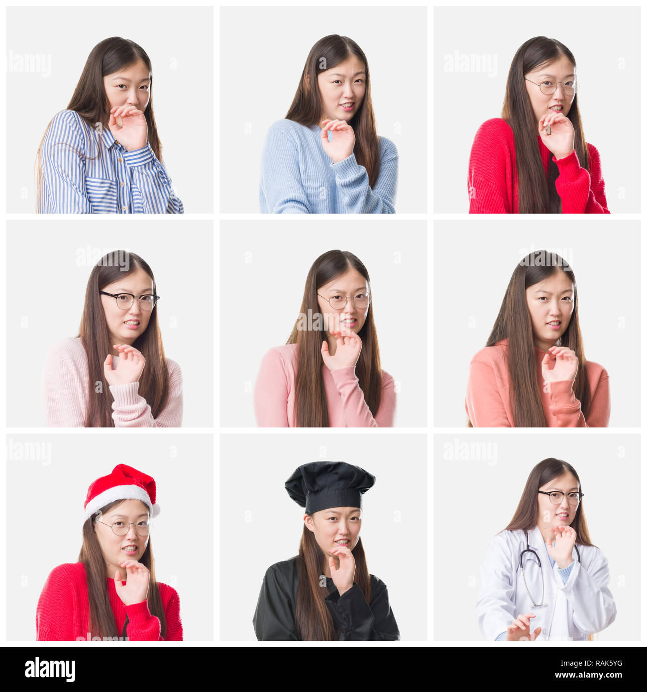 Collage of young doctor, chef asian woman isolated background disgusted ...
