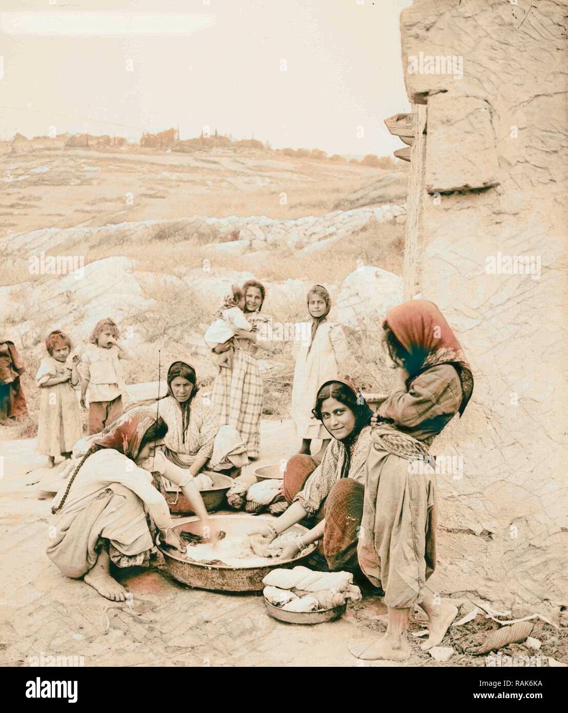 Costumes, characters, etc. Nazareth women washing clothes 1900, Israel ...