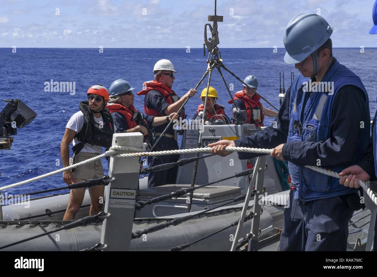 PACIFIC OCEAN (Feb. 13, 2017) Sailors lower a rigid hull inflatable ...