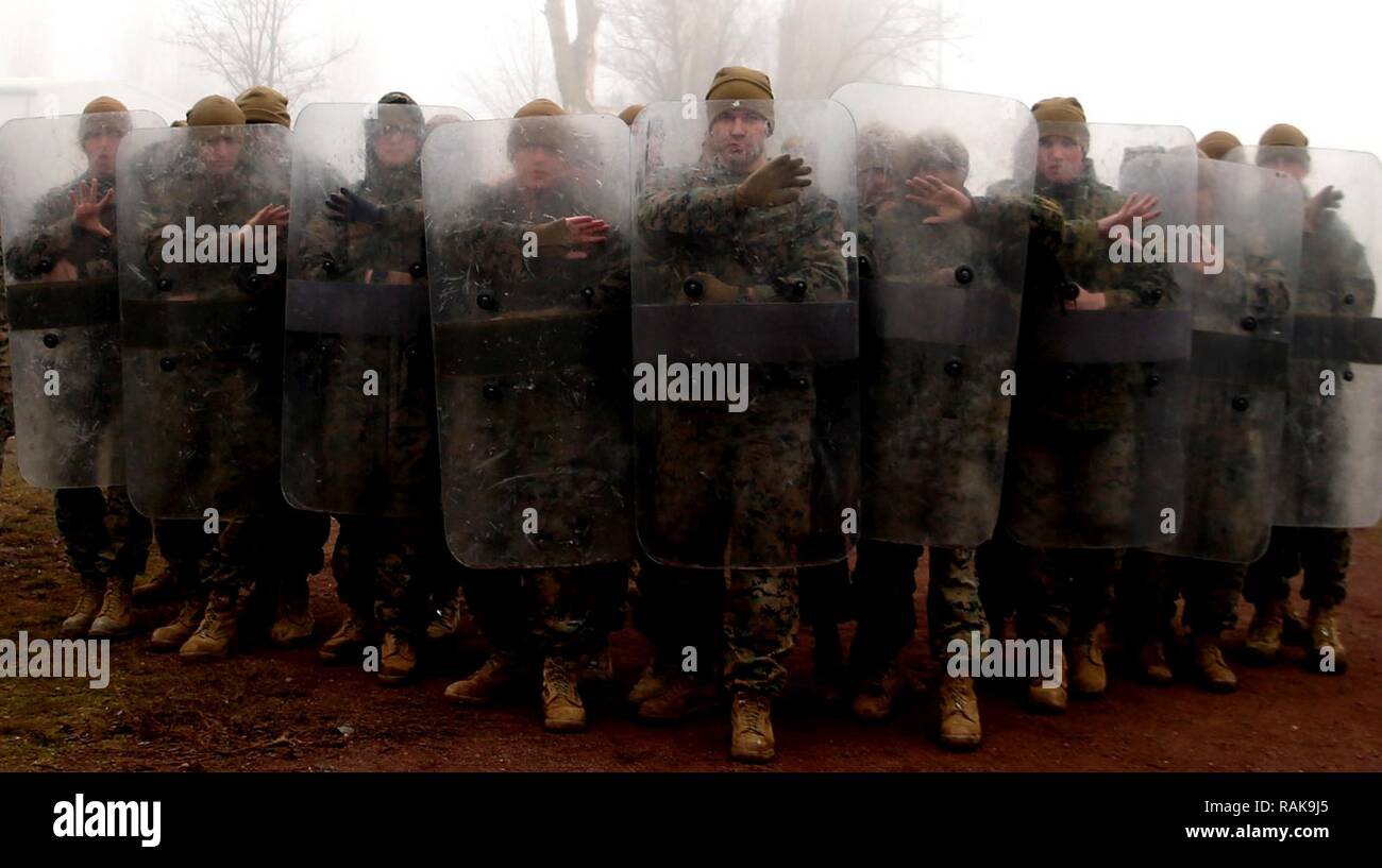 U.S. Marines with Black Sea Rotational Force 17.1 move together in a ...