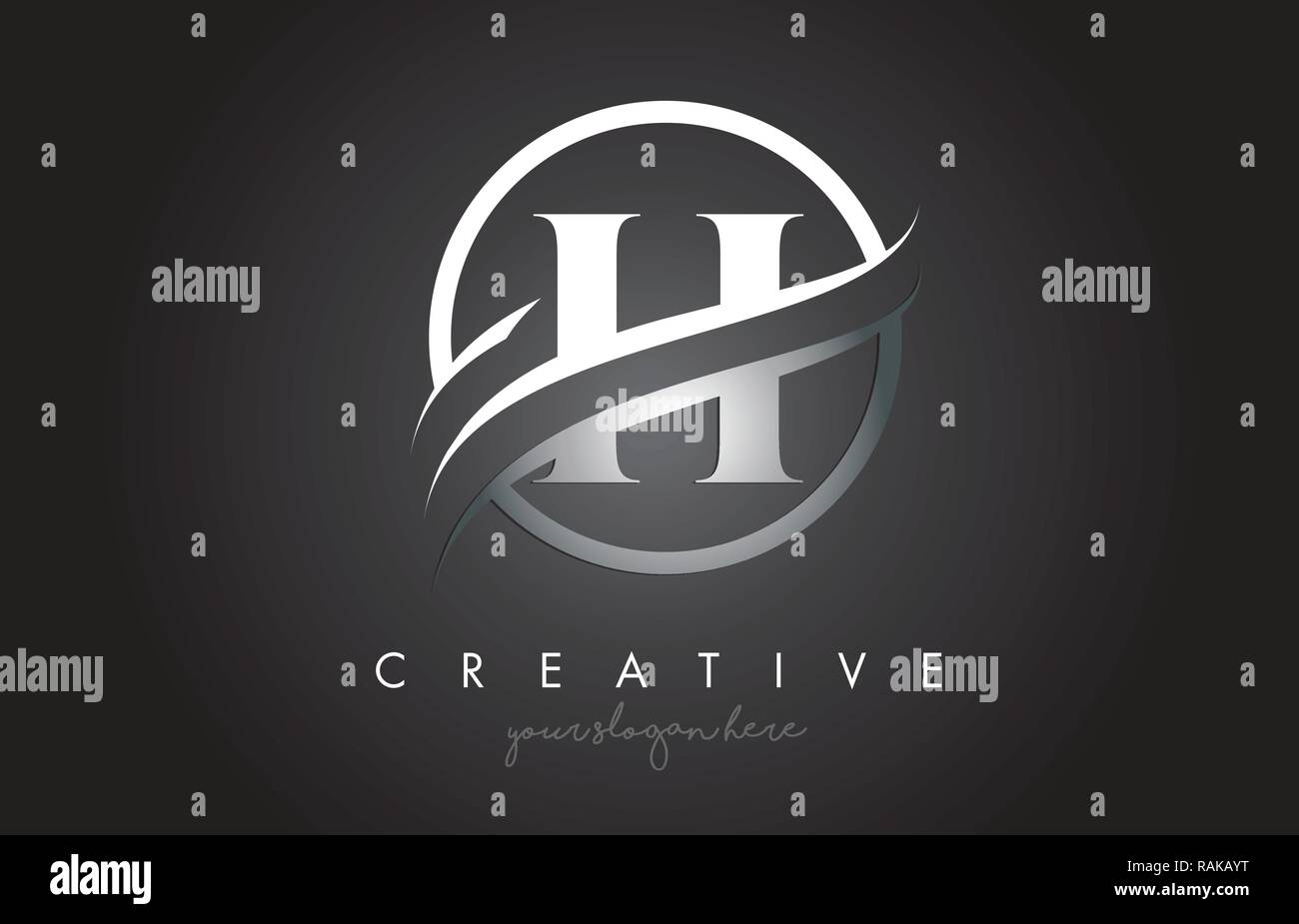 H Letter Icon Logo Design with Circle Steel Swoosh Border and Metal ...