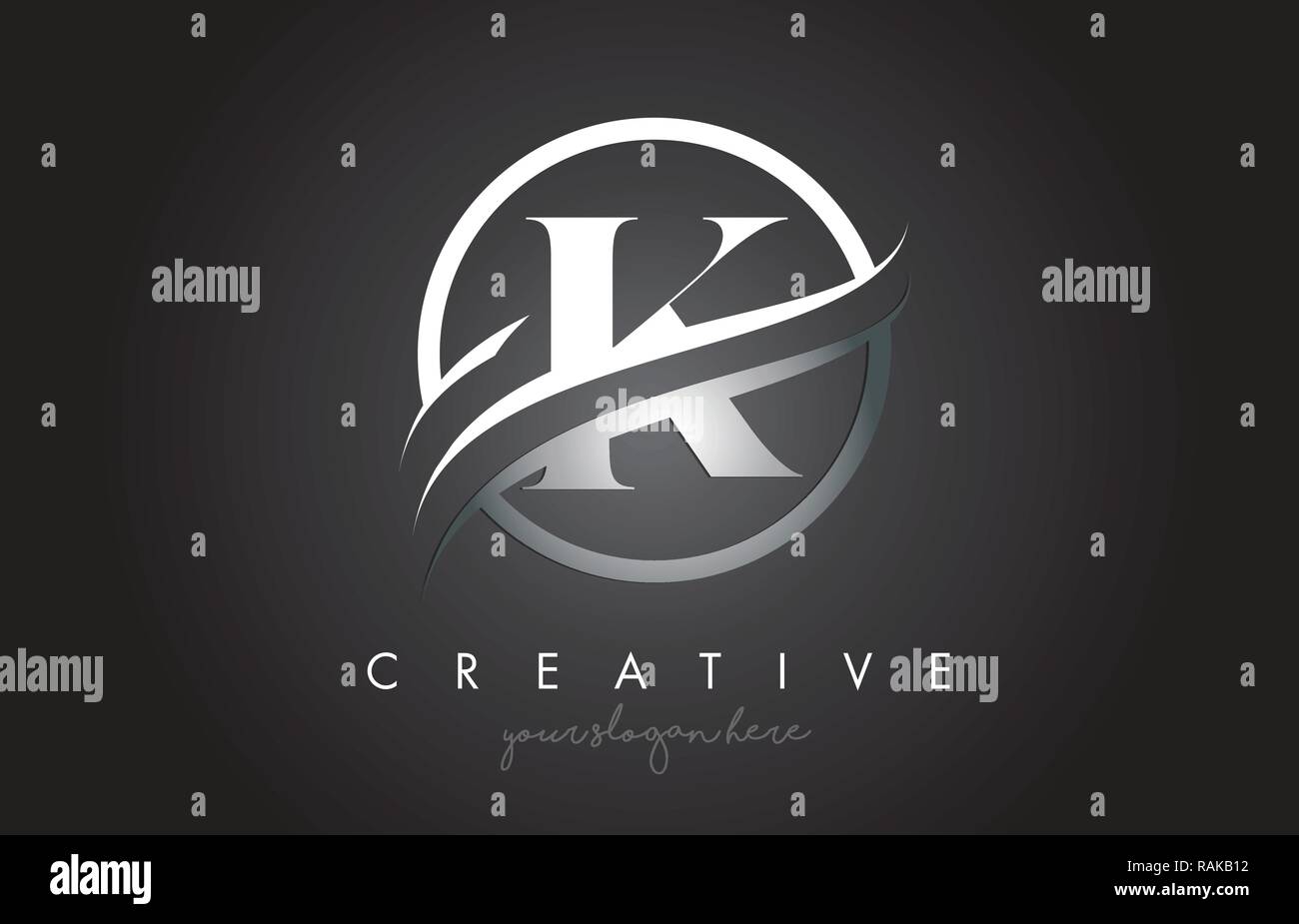K Letter Icon Logo Design with Circle Steel Swoosh Border and Metal ...