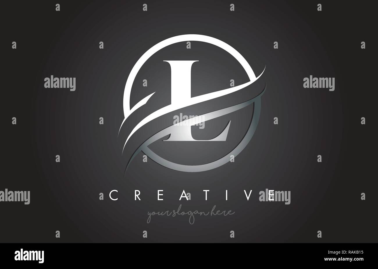 L Letter Icon Logo Design with Circle Steel Swoosh Border and Metal ...
