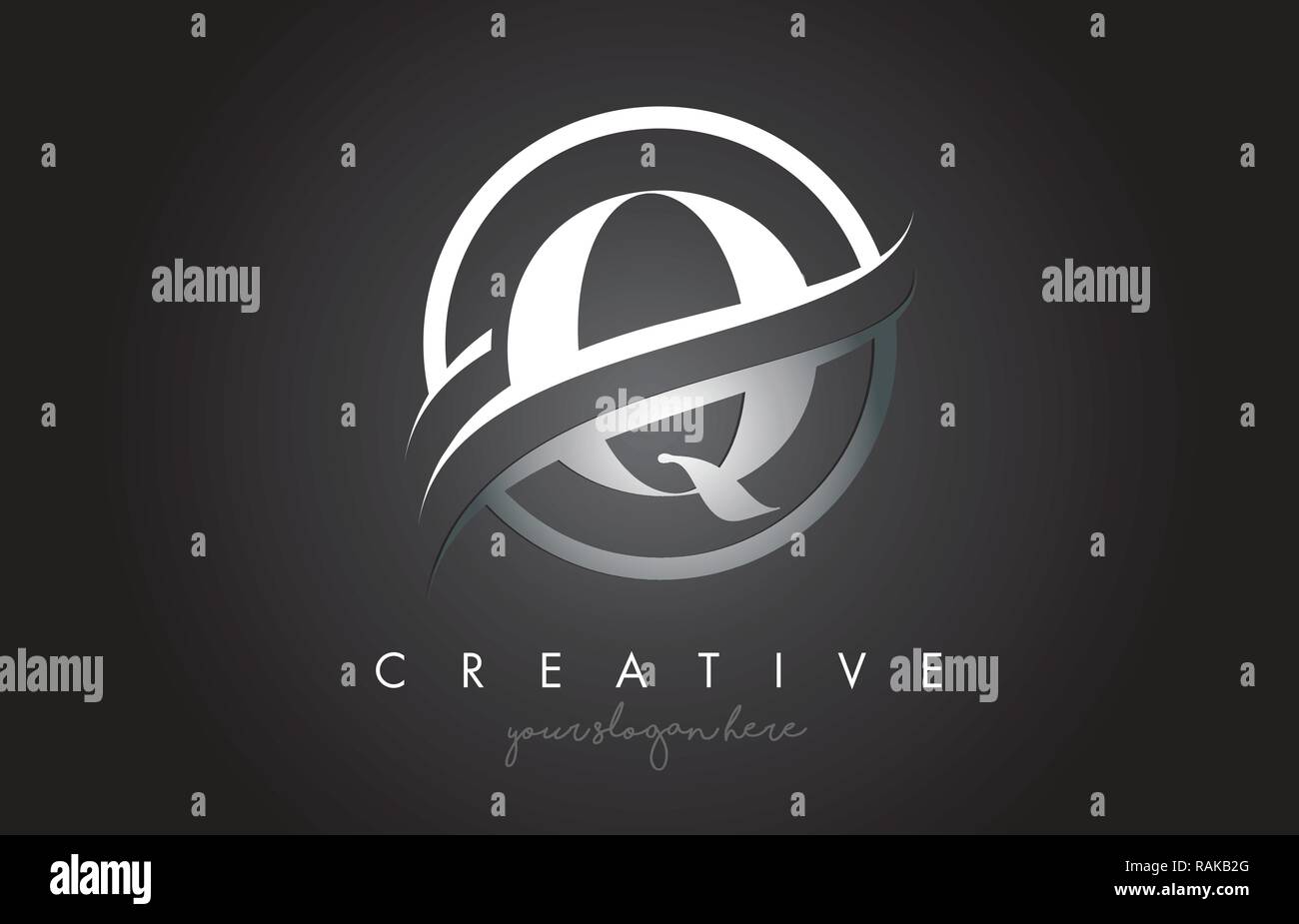 Q Letter Icon Logo Design with Circle Steel Swoosh Border and Metal ...