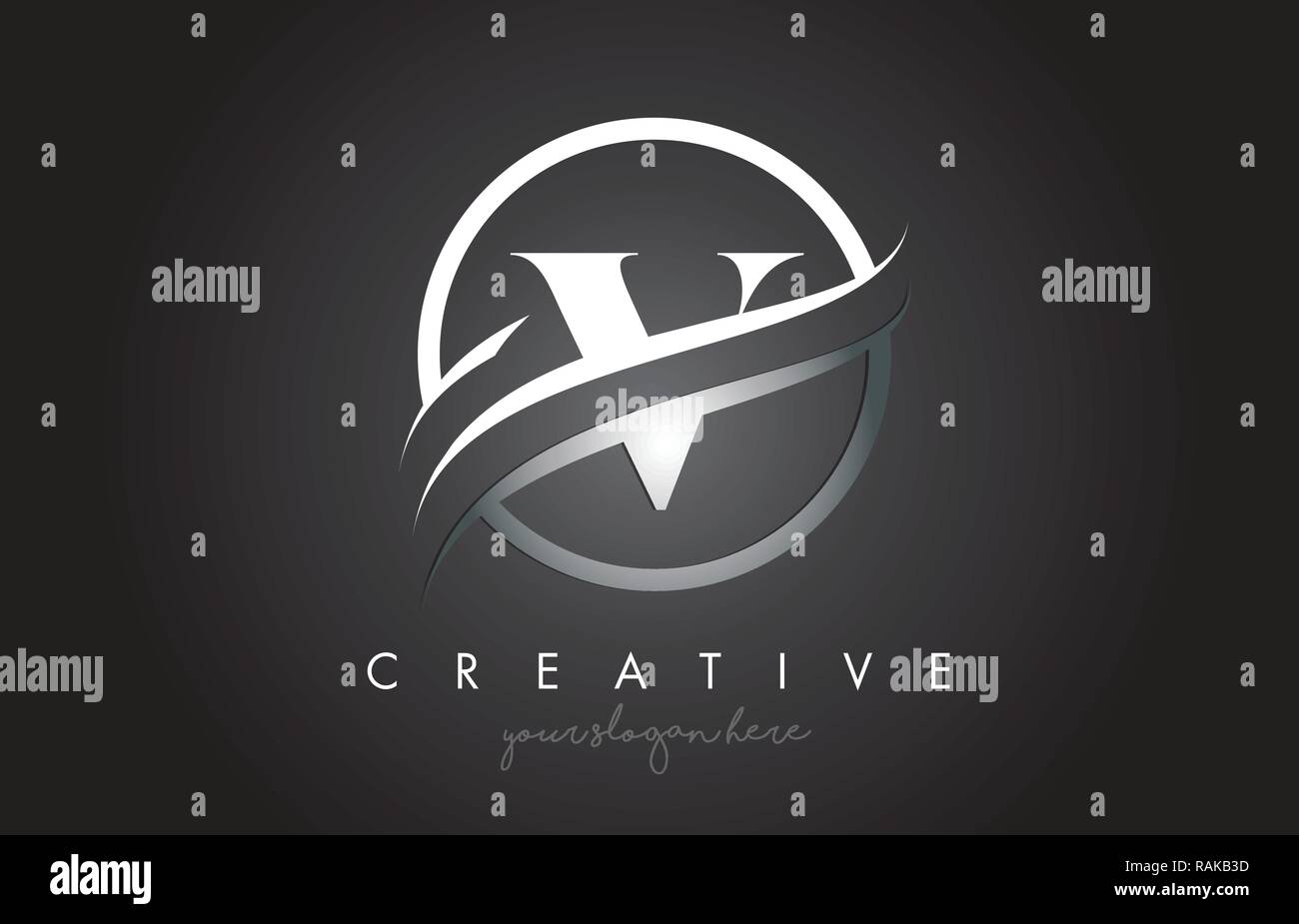 V Letter Icon Logo Design with Circle Steel Swoosh Border and Metal ...