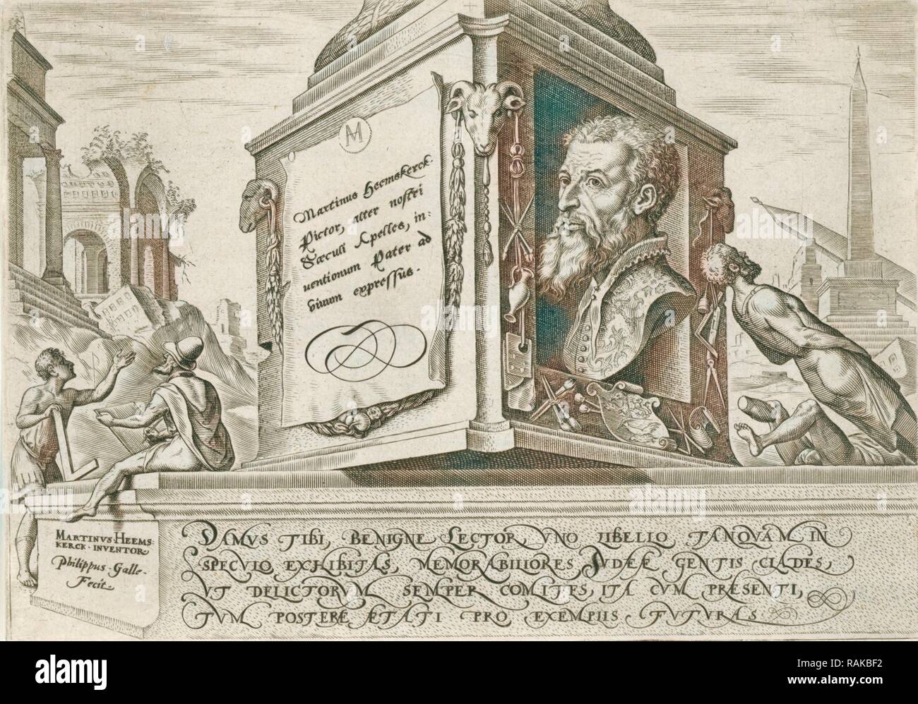 Portrait of Maarten van Heemskerck at the base of a pillar, Philips ...