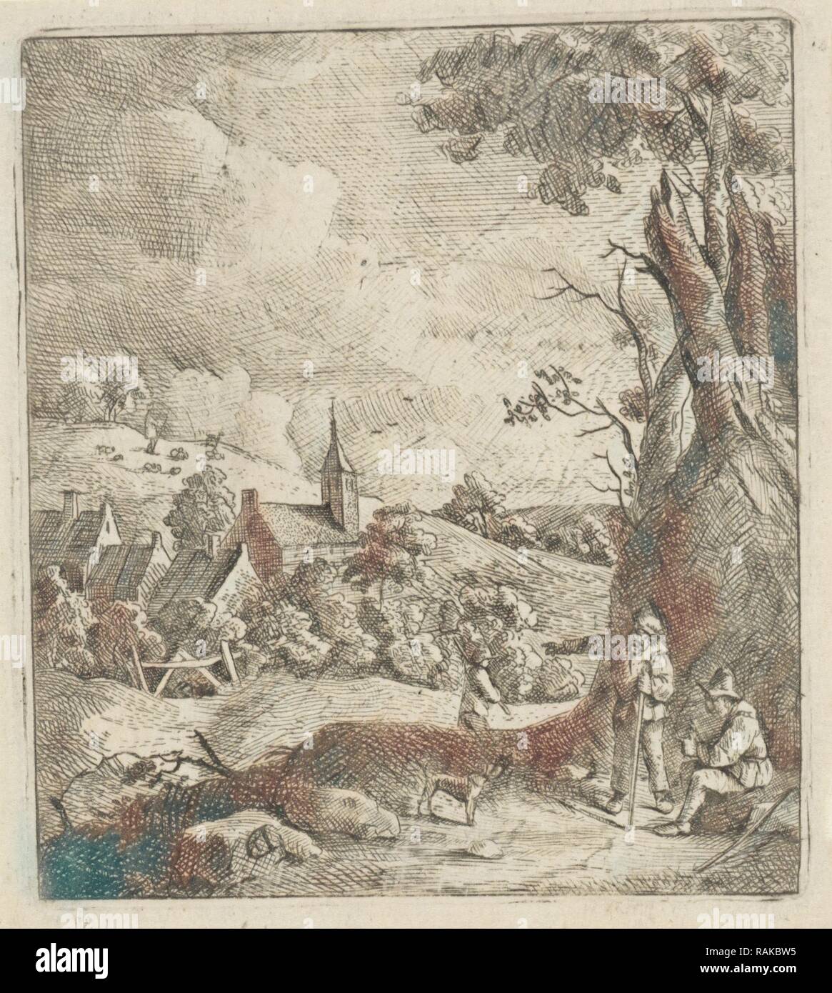 Landscape with village and two men in a tree, attributed to Jan Lauwryn ...