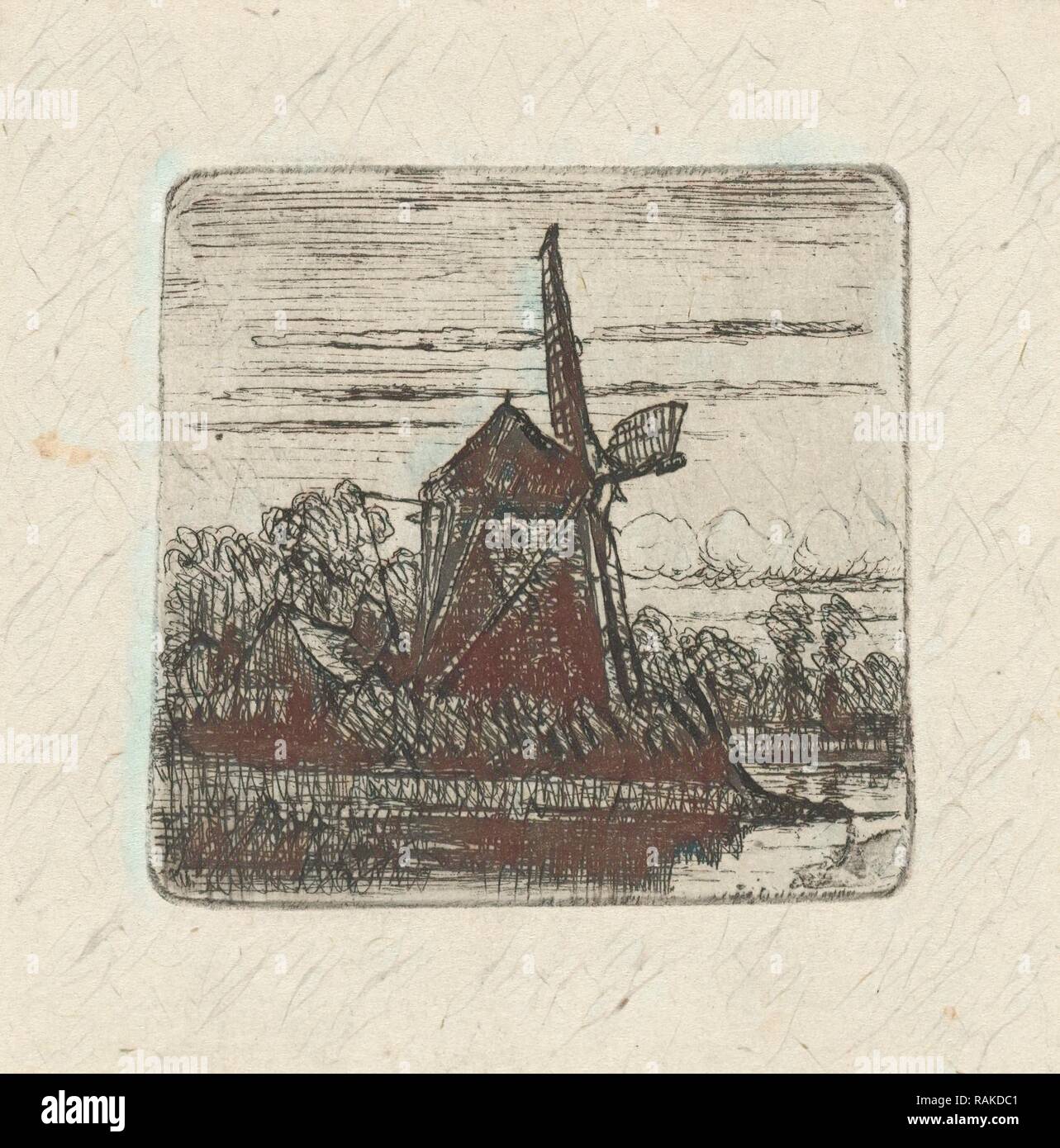 mill on a river, Jan van Lokhorst, 1847 - 1874. Reimagined by Gibon ...