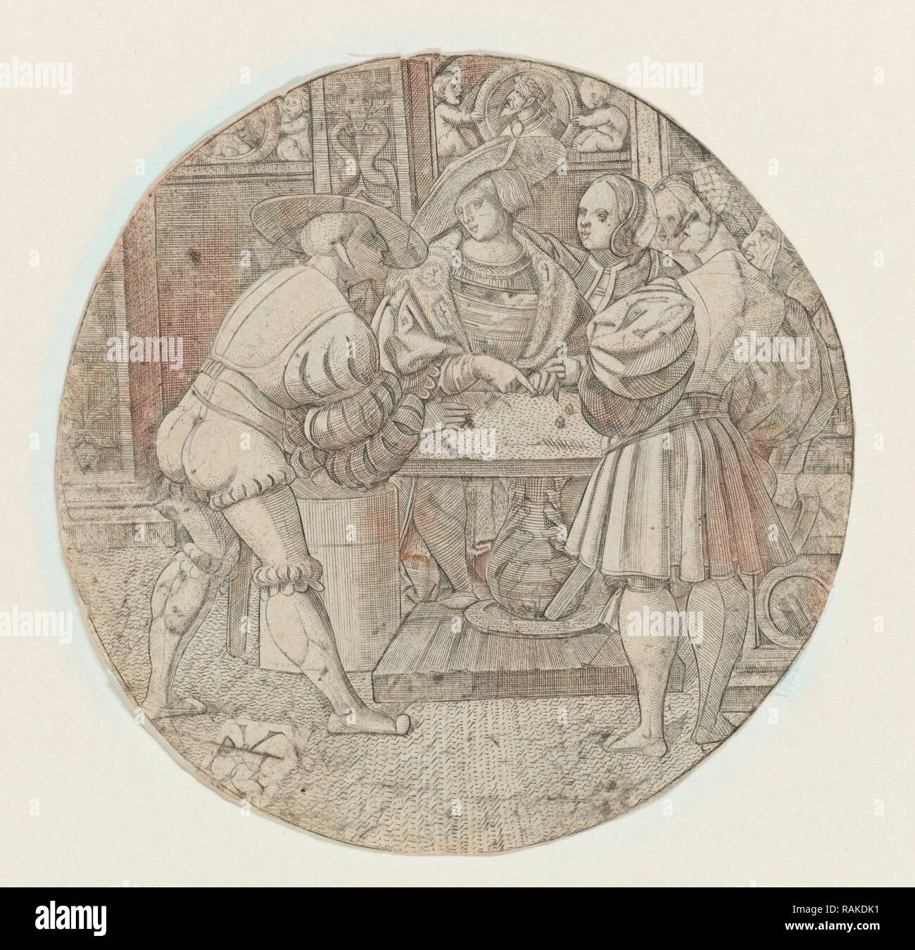 Circular performance with three men around the table with two dice ...